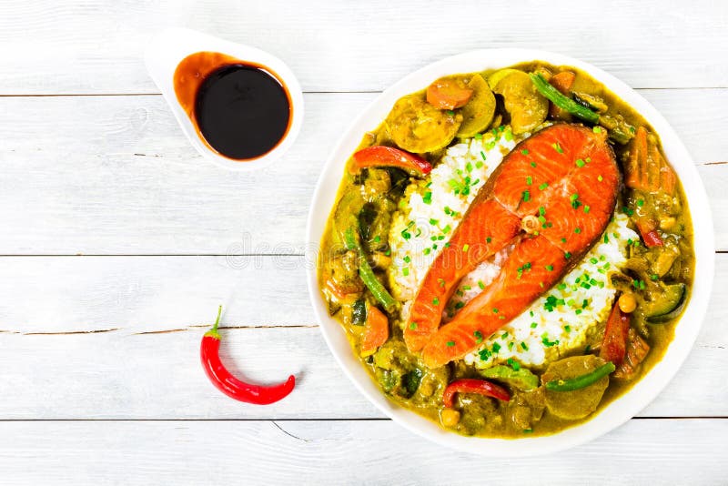 Fried Steak of Red Fish with Rice and Homemade Curry Stock Image ...