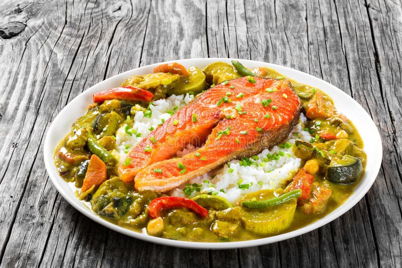 Fried Steak of Red Fish with Rice and Homemade Curry Stock Image ...