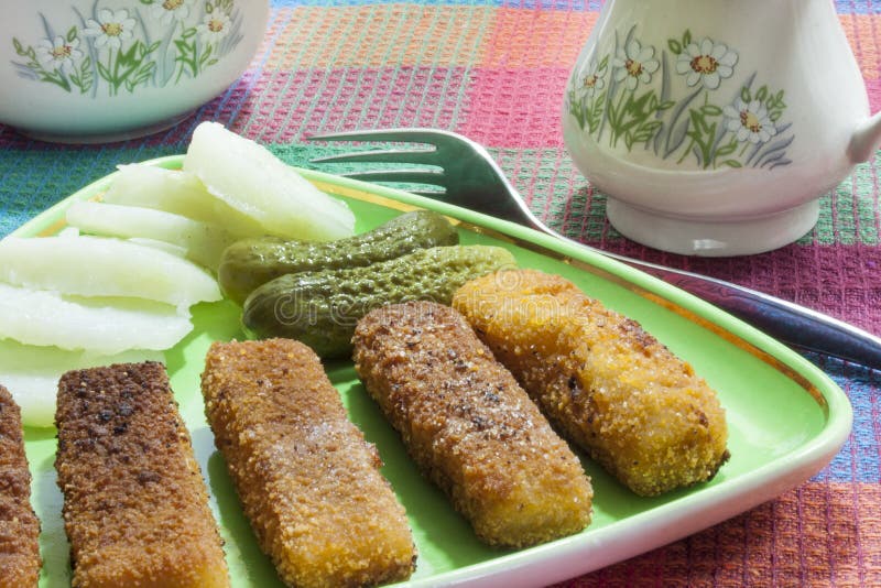 Fried Sticks of Hake with Cucumbers Stock Image - Image of fillet ...