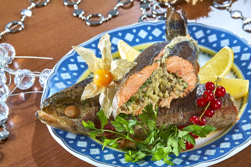 Fried Stuffed Fish on a Platter Festive Menu Stock Photo - Image of ...