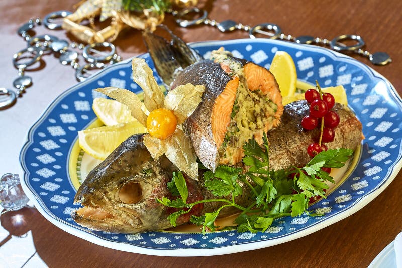 Fried Stuffed Fish on a Platter Festive Menu Stock Photo - Image of ...