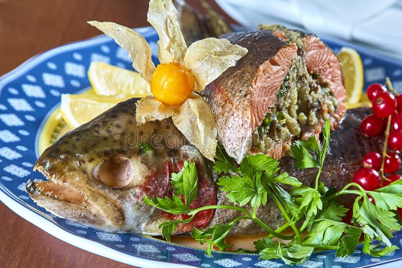 Fried Stuffed Fish on a Platter Festive Menu Stock Photo - Image of ...