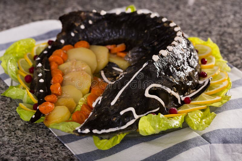 Fried Sturgeon with a Vegetable Servit at Table Stock Image - Image of ...