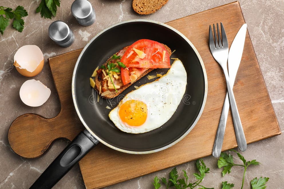 Fried Sunny Side Up Egg with Sandwich in Pan Stock Photo - Image of ...