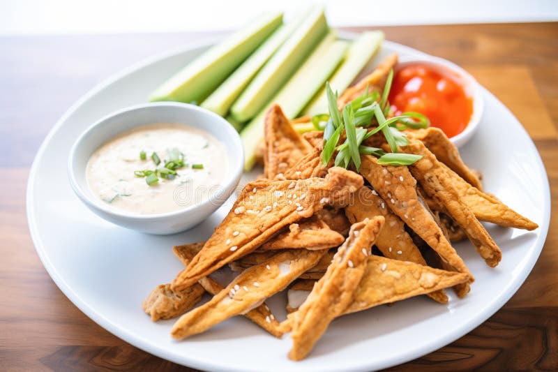 Fried Tempeh Triangles on Plate with Spicy Dip Stock Photo - Image of ...