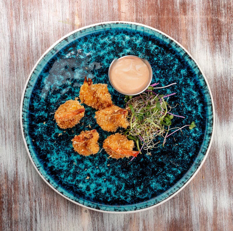 Fried Tiger Prawns with Sauce on a Decorative Plate Stock Photo - Image ...