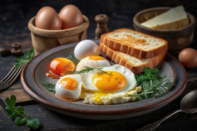 Fried Toast Bread with Four Different Types of Cooked Chicken Eggs. AI ...