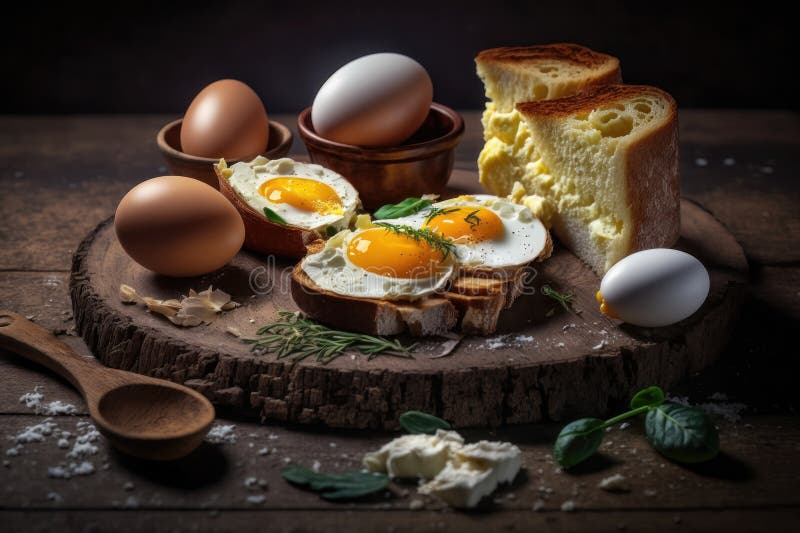 Fried Toast Bread with Four Different Types of Cooked Chicken Eggs. AI ...