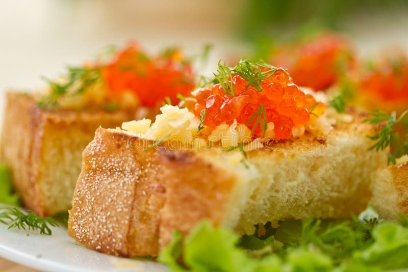 Fried Toast with Cheese and Red Caviar Stock Image - Image of food ...