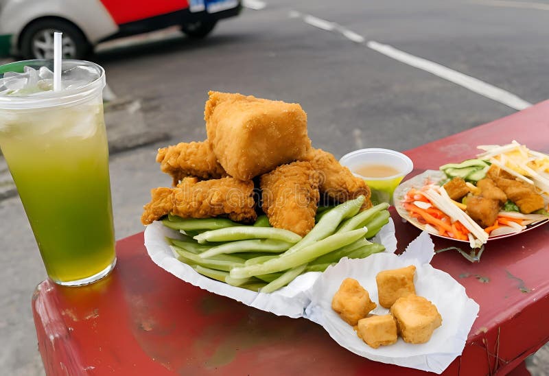 Delicious Street Food Platter Served with Refreshing Drink on a Sunny ...
