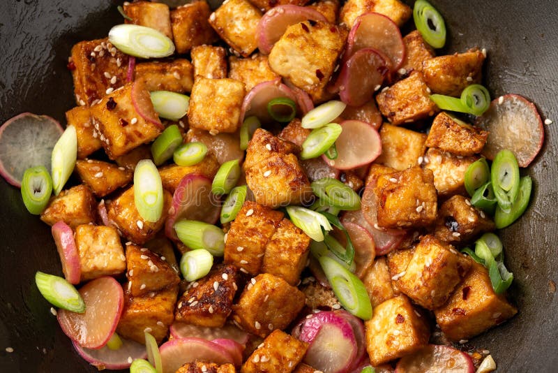 Fried Tofu with Radish, Spring Onion and Garlic, Ginger Dressing in Wok ...