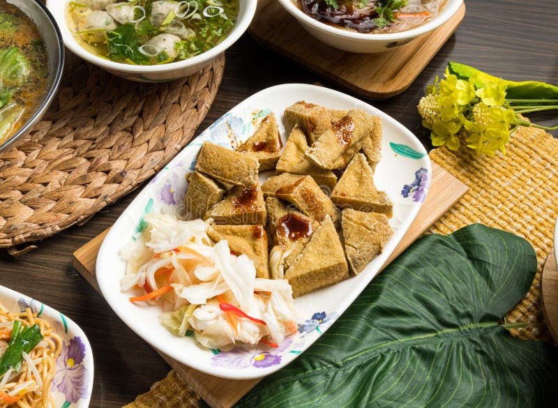 Fried Tofu Served in Dish Isolated on Table Side View of Taiwan Food ...