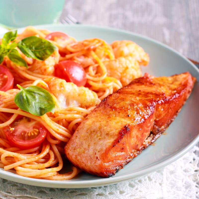 Fried Trout Fish and Spaghetti on Plate Stock Photo - Image of savory ...