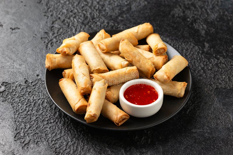 Fried Vegetable Spring Rolls with Sweet Chilli Sauce, Party Food Stock ...