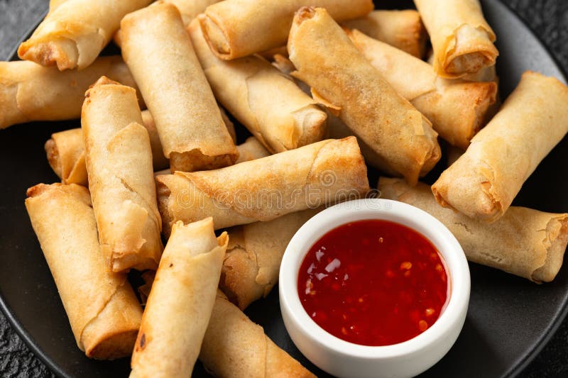 Fried Vegetable Spring Rolls with Sweet Chilli Sauce, Party Food Stock ...