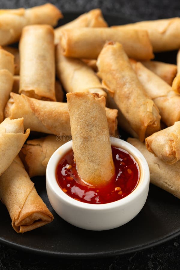 Fried Vegetable Spring Rolls with Sweet Chilli Sauce, Party Food Stock ...