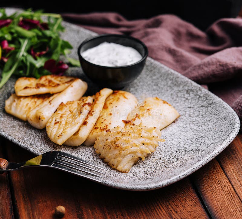 Fried White Fish Fillet with Arugula Stock Photo - Image of arugula ...