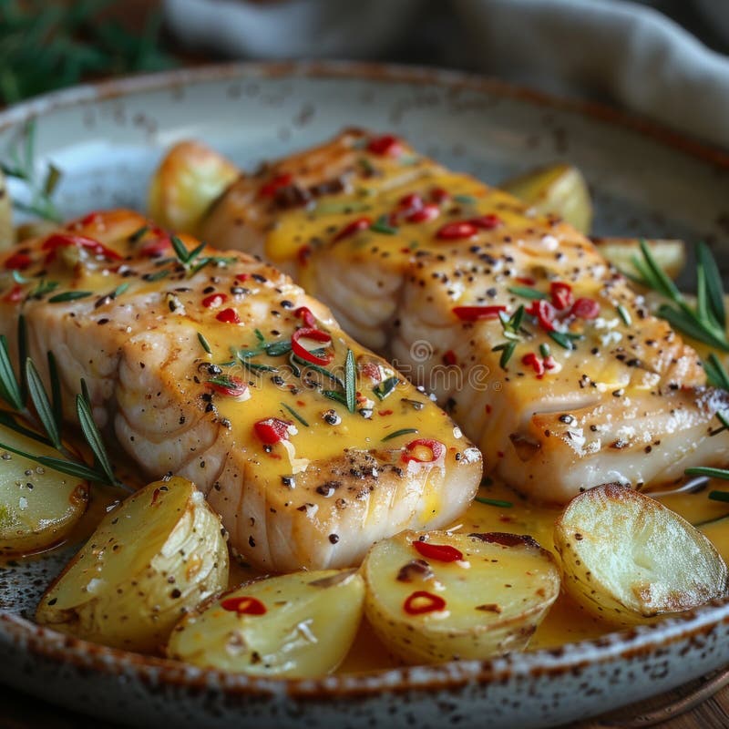 Fried Wolfish Fillets with Baked Potatoes on a Rustic Plate Stock Photo ...