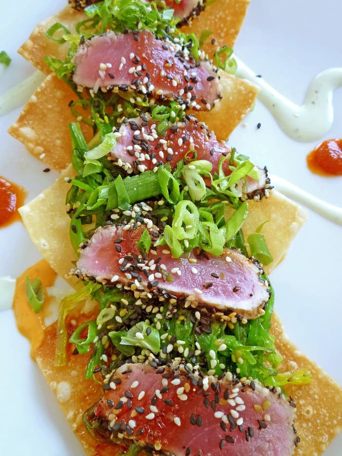 Fried Wonton Seared Tuna Sushi Appetizer Stock Photo - Image of sushi ...