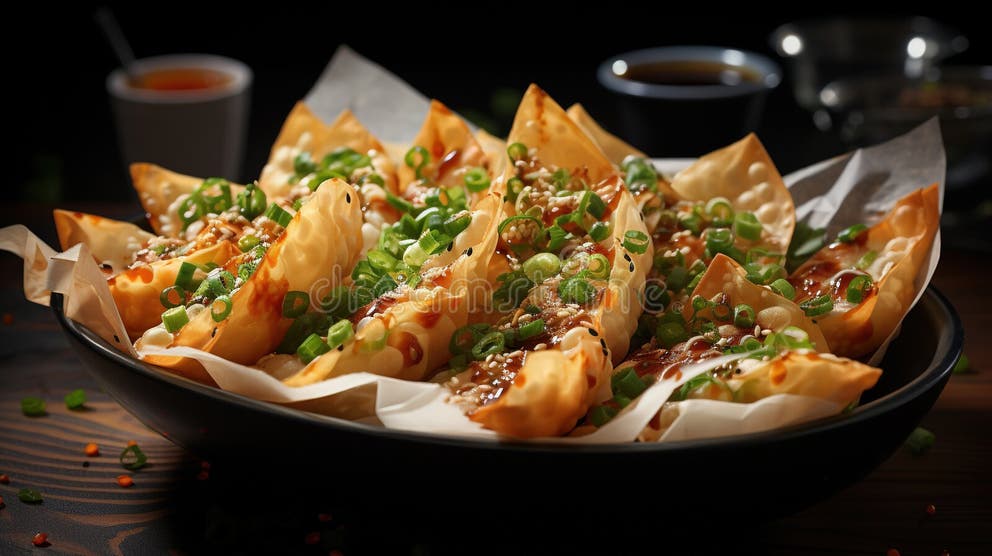 Fried Wontons with Chilli Flakes and Spring Onion on Selective Focus ...