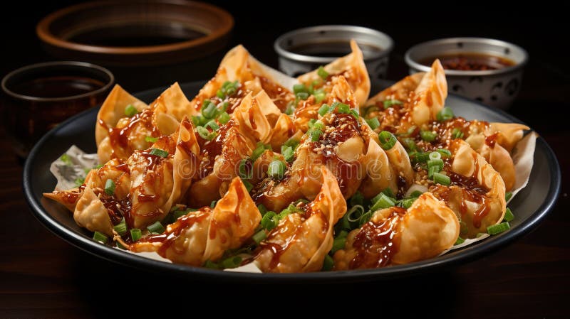 Fried Wontons with Chilli Flakes and Spring Onion on Selective Focus ...