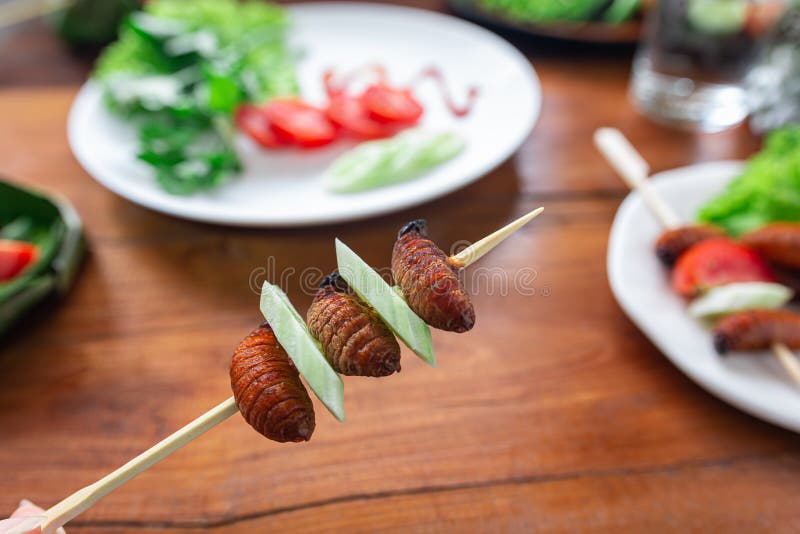 Fried Worm, Insect Food in the Skewer. Closeup, Stock Image - Image of ...