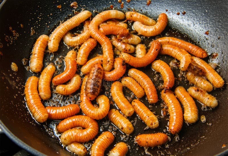 Fried Worms on Frying Pan. Cooking a Disgusting Food. AI Generated ...