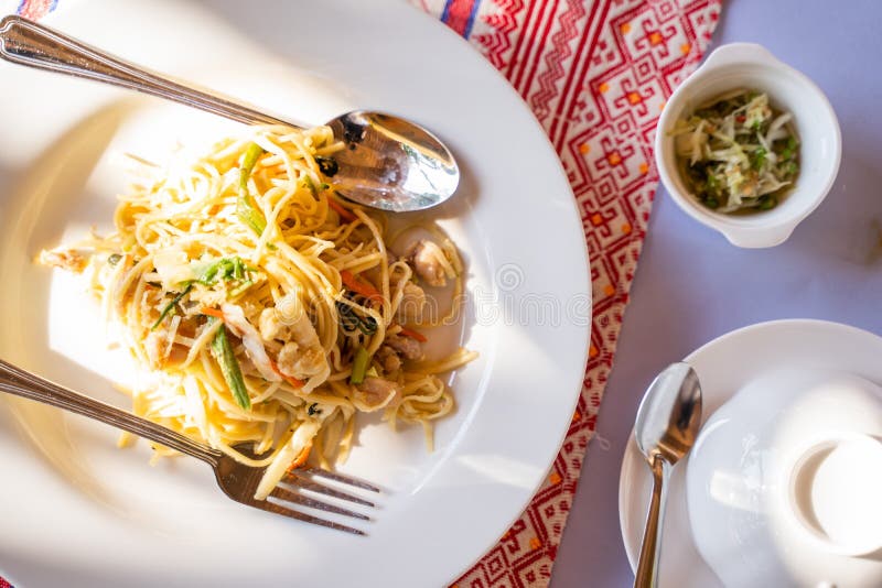 Fried Yellow Noodle with Chicken Stock Image - Image of noodle ...