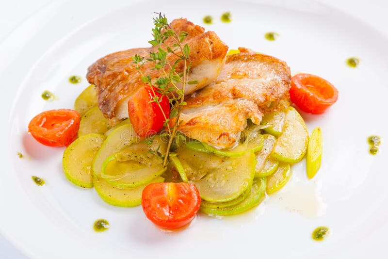 Fried Zande with Zucchini and Tomatos Stock Photo - Image of mashed ...