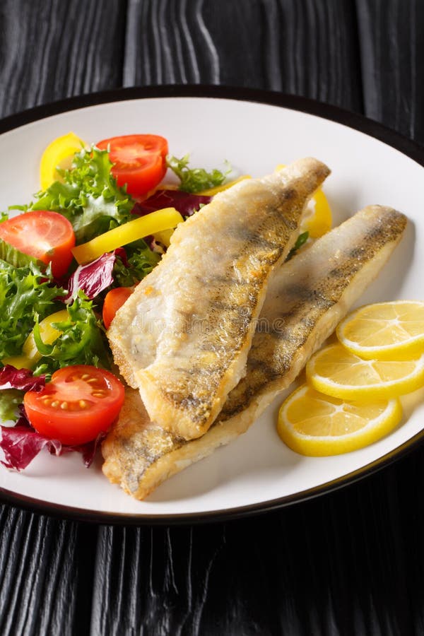 Fried Zander Fillet Served with Fresh Salad Closeup in a Plate ...