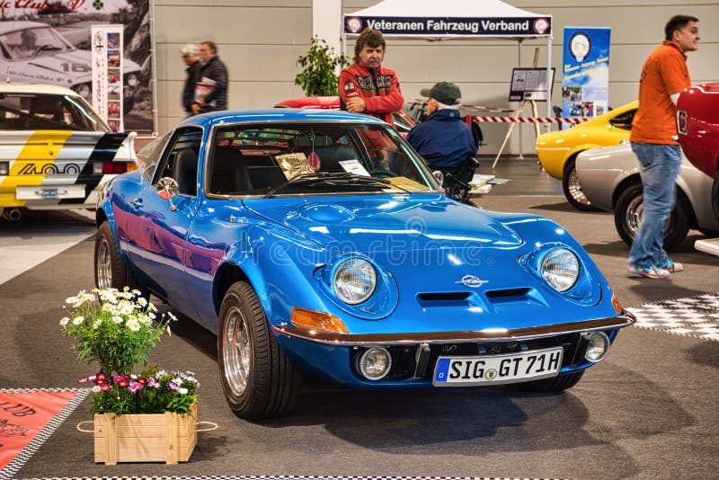 FRIEDRICHSHAFEN - MAY 2019: Blue OPEL GT 1968 Coupe at Motorworld ...