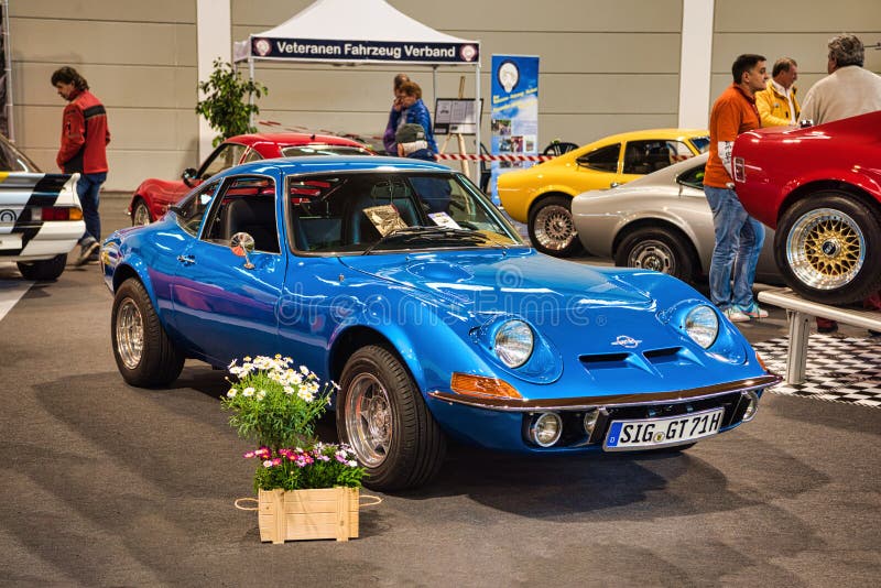 FRIEDRICHSHAFEN - MAY 2019: Blue OPEL GT 1968 Coupe at Motorworld ...