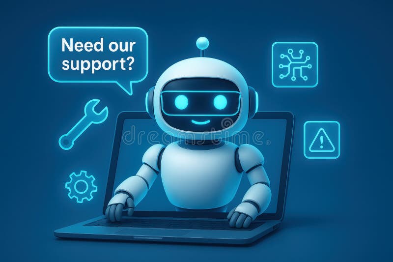 Friendly AI Chatbot Robot Offers Tech Support: Digital Assistance, Troubleshooting, Problem ...