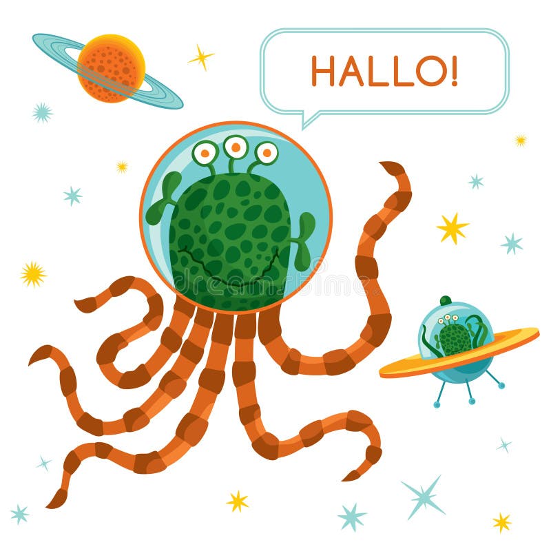 Friendly Alien with Spaceship and Cosmic Elements Stock Vector ...