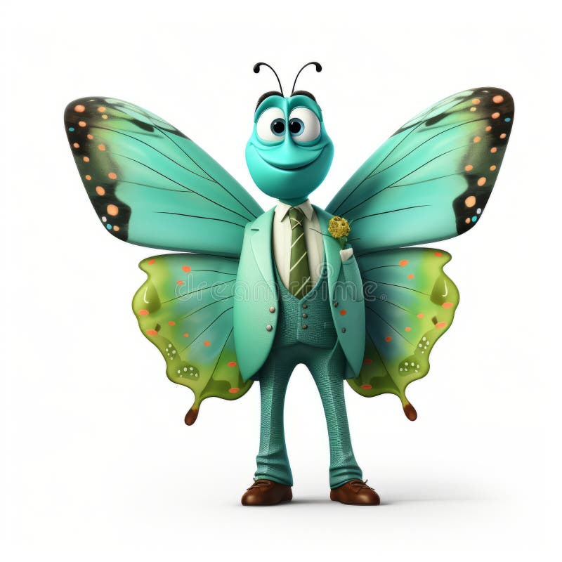 Friendly Anthropomorphic Butterfly Cartoon Character in Teal Suit Stock ...