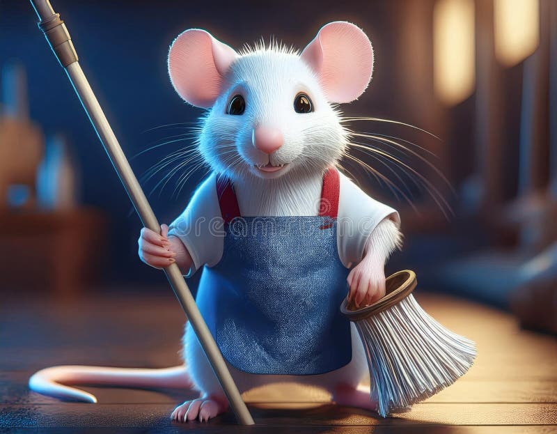 A Friendly, Anthropomorphic Mouse Holding a Broom, Standing in a Warm ...