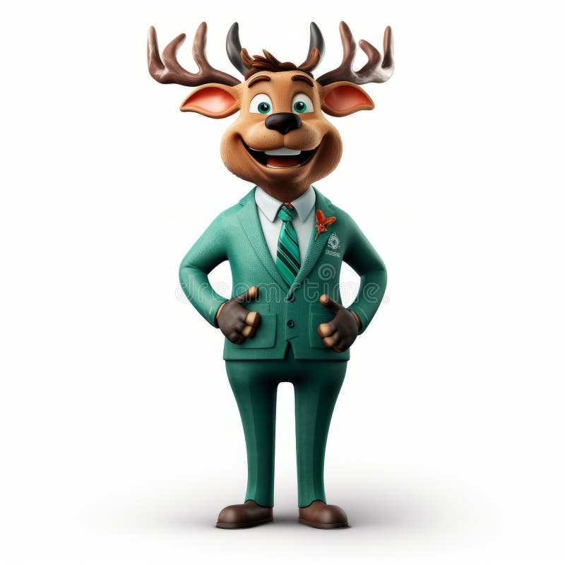 Hiperrealistic Cartoon of Friendly Reindeer in Green Turquoise Suit ...