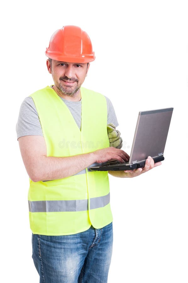 Friendly Attractive Engineer Holding and Working on Laptop Stock Photo ...