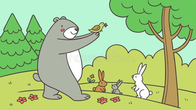 Friendly Bear and Rabbit in Forest Vector Illustration, Vector Design ...