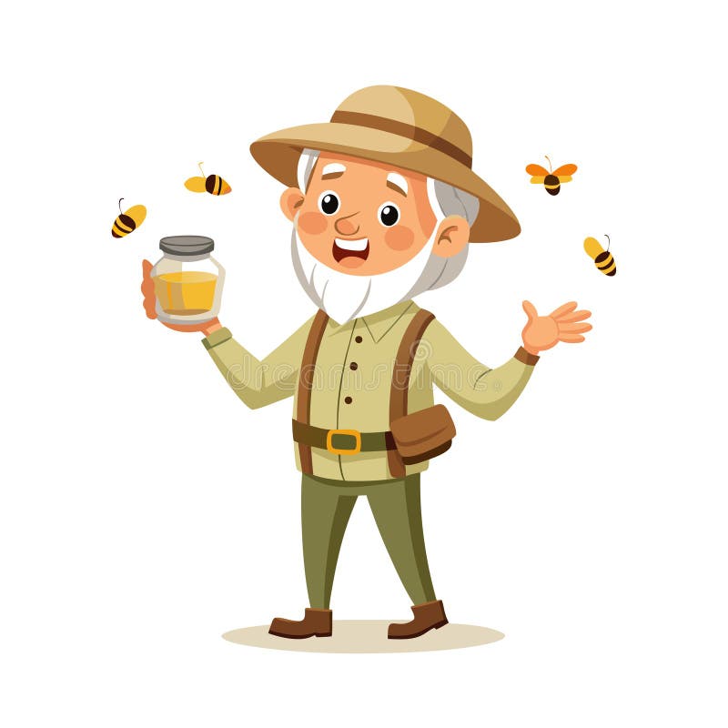 Friendly Beekeeper Holding Honey Jar Surrounded by Bees Cartoon ...
