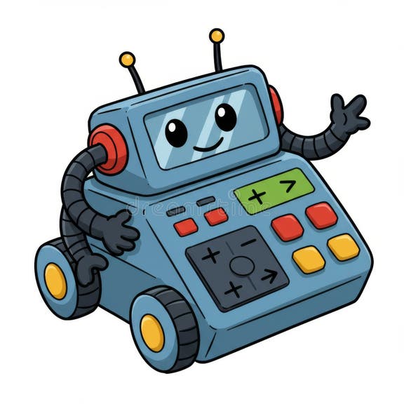 Friendly Blue Cartoon Robot with Wheels and Buttons Stock Illustration ...