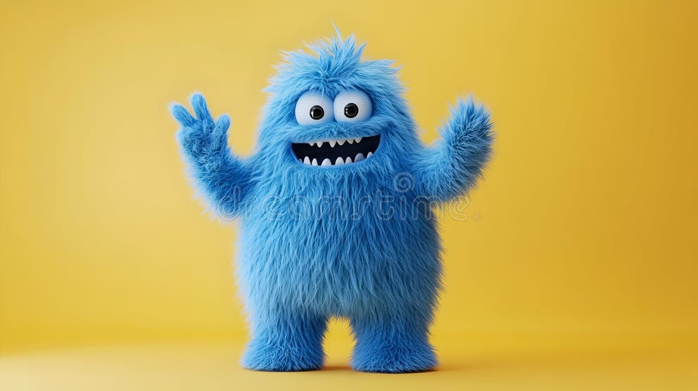 Friendly Blue Fuzzy Monster 3D Render Stock Illustration - Illustration ...