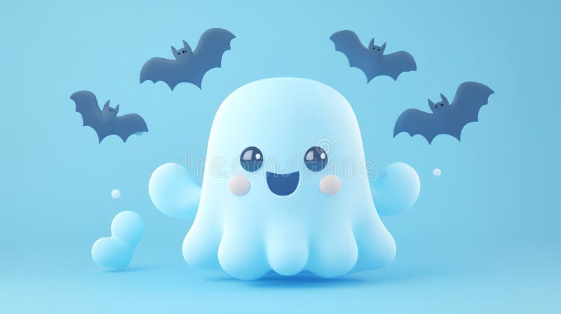 A Friendly Blue Ghost Smiles As Bats Fly Around Him Stock Illustration ...
