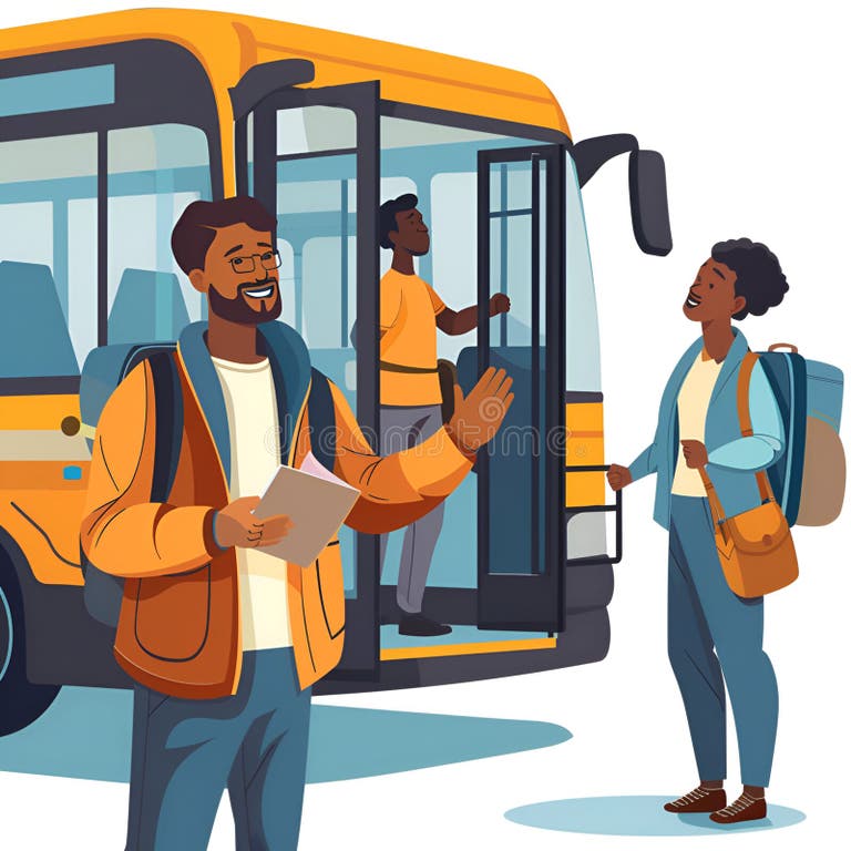 A Friendly Bus Driver Greeting Passengers As they Board, with a ...