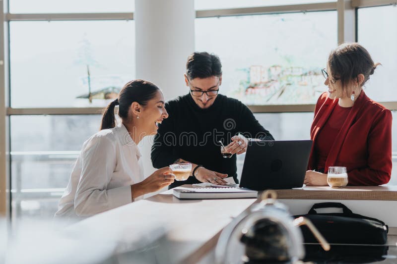 Friendly Business Meeting with Colleagues in Office Kitchen Setting ...