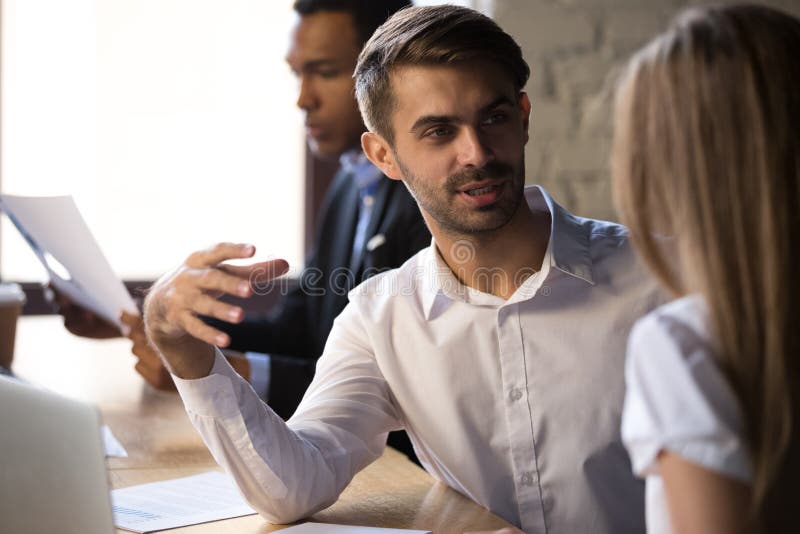 Friendly Businessman Mentor Training Intern, Colleagues Working ...