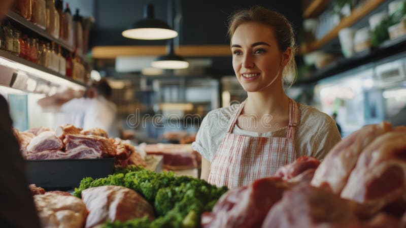 Friendly Butcher Serving Customer at Meat Counter with Fresh Produce ...
