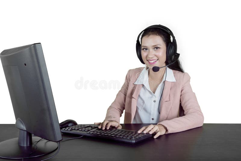 Friendly Call Center Secretary Consultant Woman with Headset Telephone ...