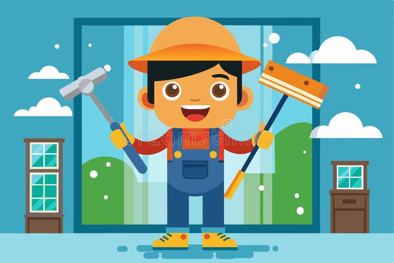 A Friendly Cartoon Character Stands with a Squeegee and Scraper, Ready ...