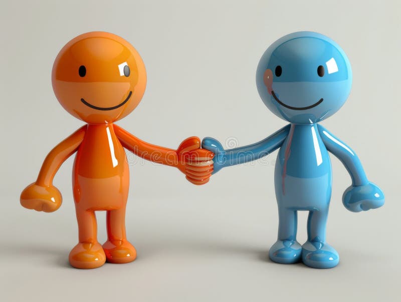 Friendly Cartoon Characters Shaking Hands - Orange and Blue Figures in ...